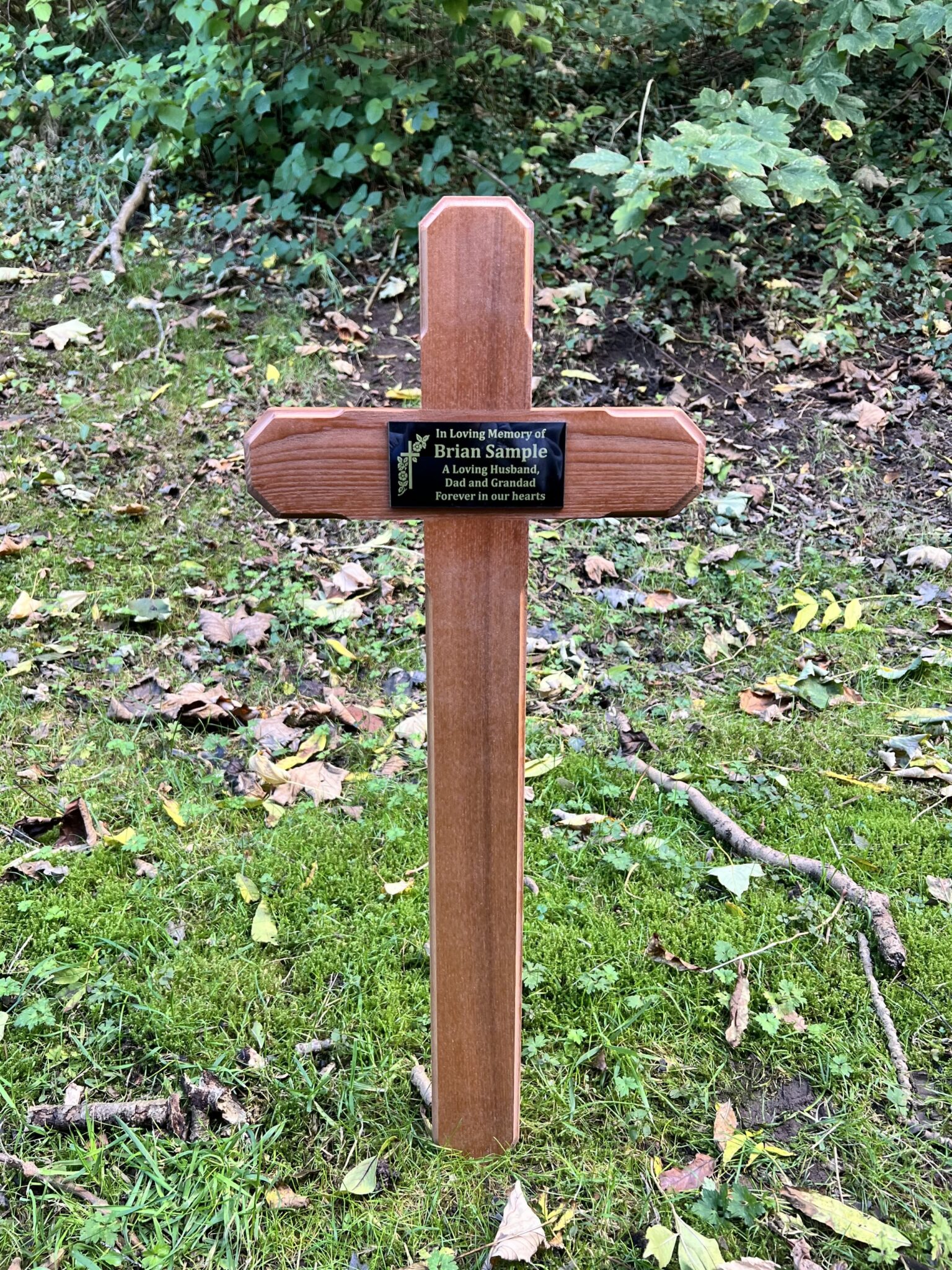 Wooden Cross with Inscription Plaque - Treasured Memories